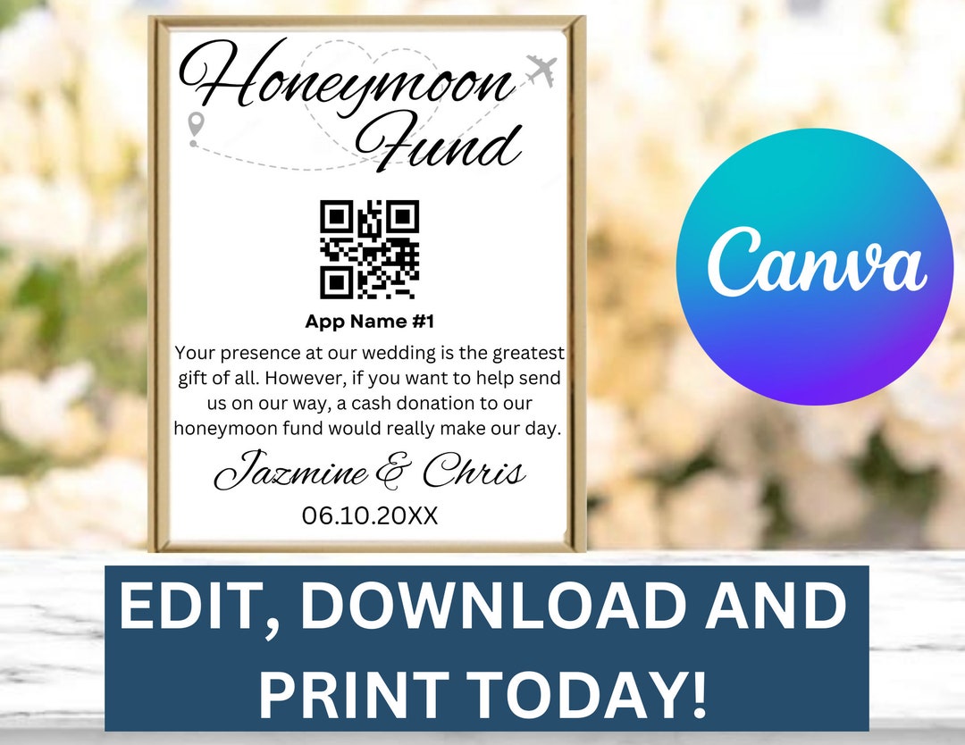 Elegant Honeymoon Fund Sign Downloadable QR Code for Newlyweds Stylish ...