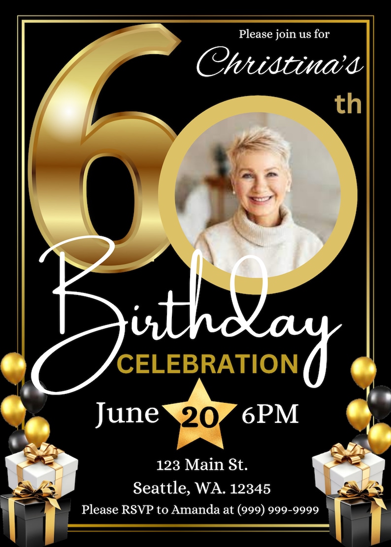 Elegant 60th Birthday Digital Invitations-photo Upload Option-stylish ...