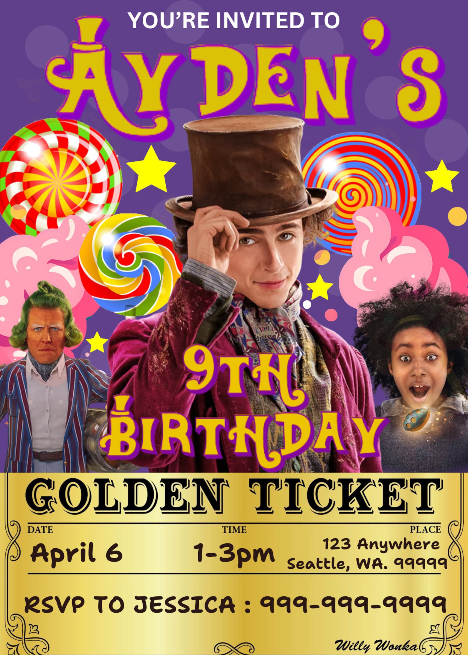 Willy Wonka Theme Party Invitation - Customize Golden Ticket Invite ...