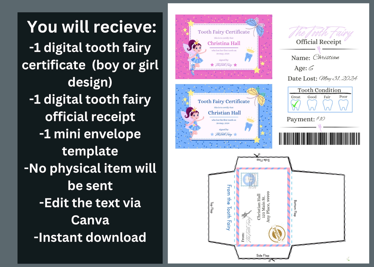 Printable Mini Tooth Fairy Set With Envelope for Boy or Girl - Tooth ...