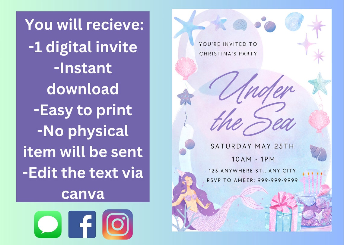 Custom Mermaid Theme Birthday Party Digital Invitation - Under the Sea ...