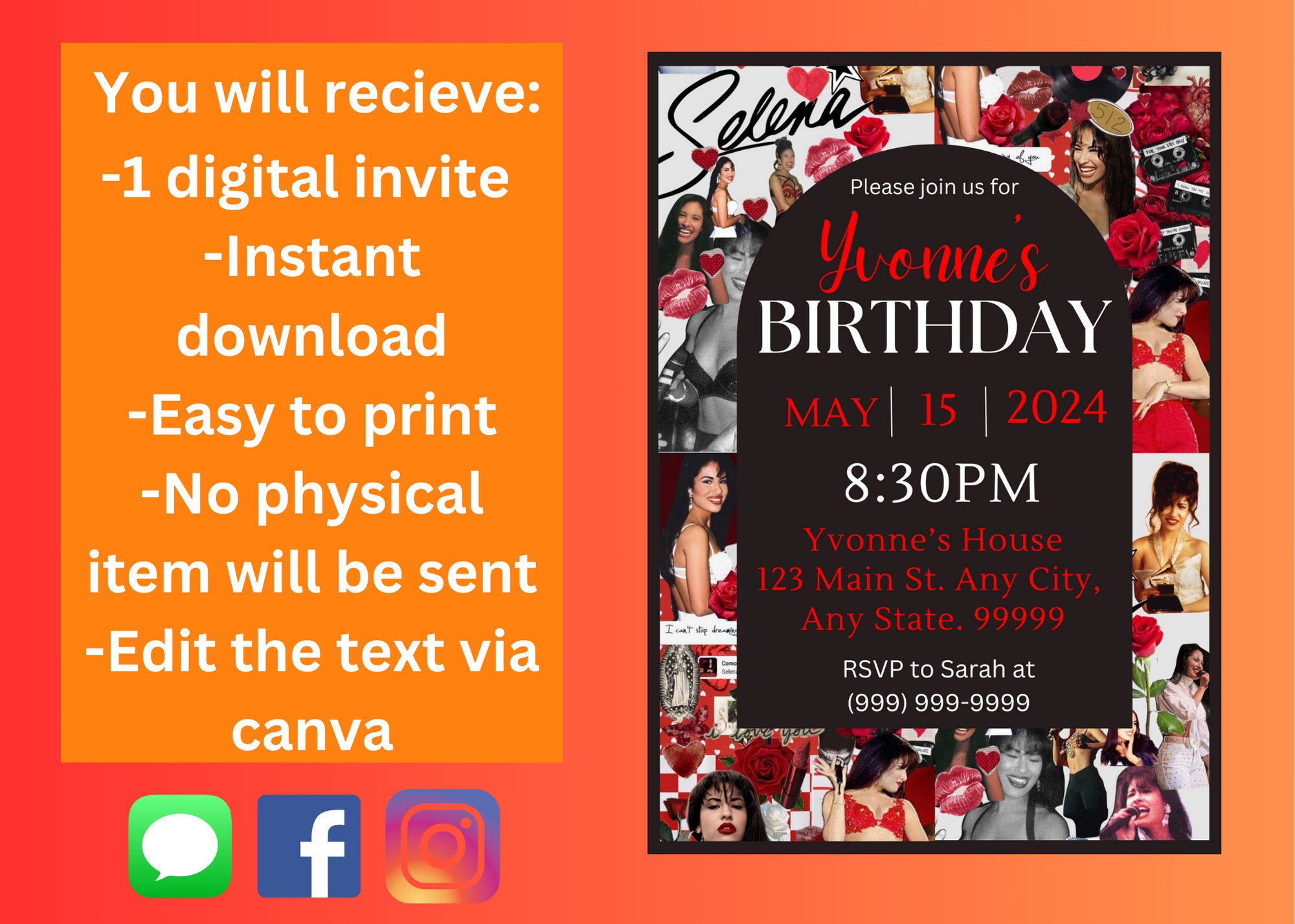 Personalized Selena Birthday Invitation, Printable Selena Template ...