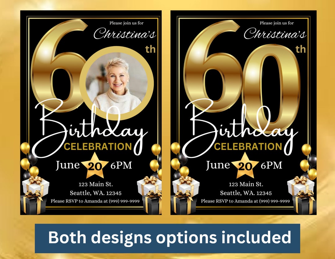 Elegant 60th Birthday Digital Invitations-photo Upload Option-stylish ...