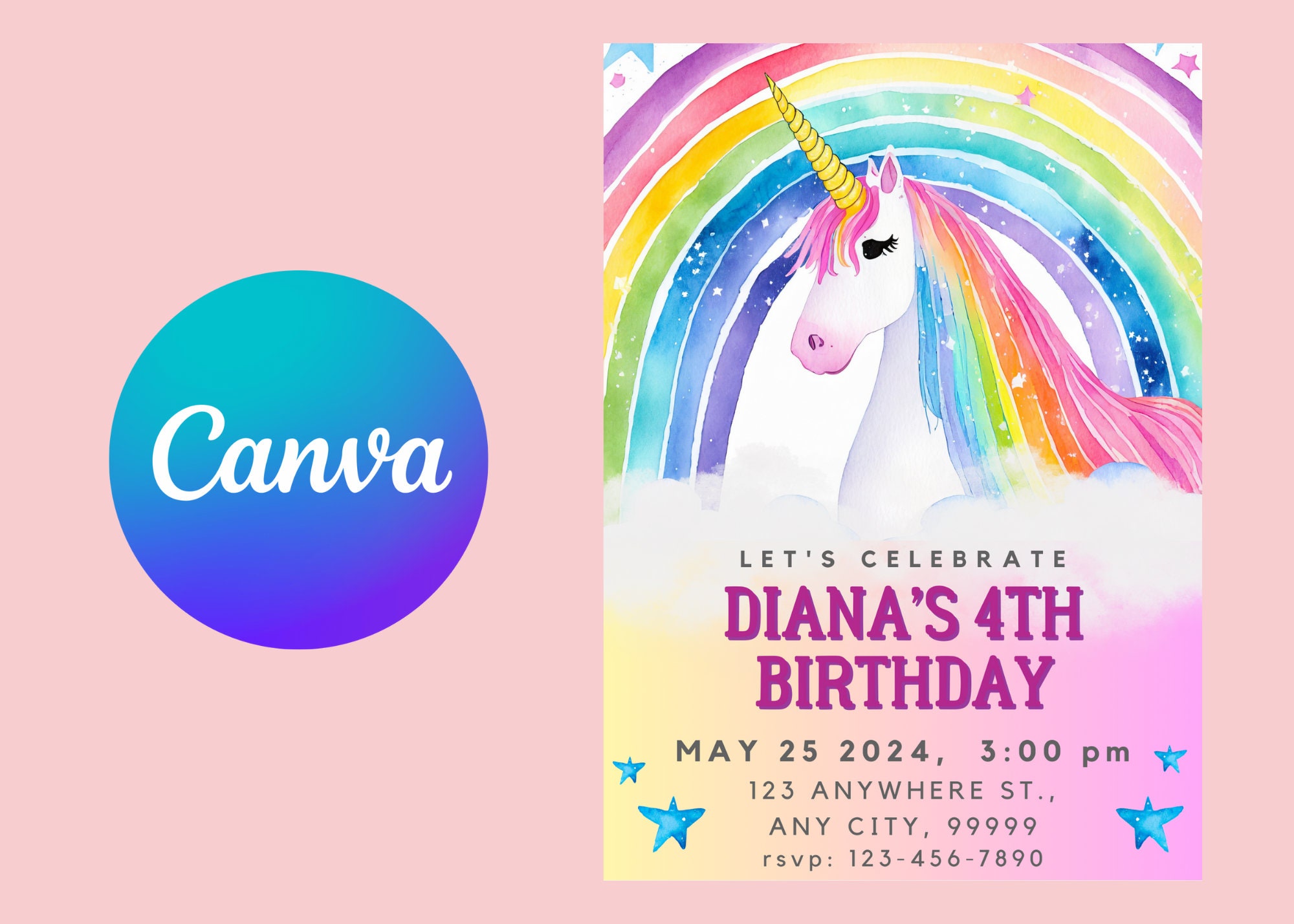 Magical Unicorn Theme Birthday Party Digital Invitation - Rainbow ...