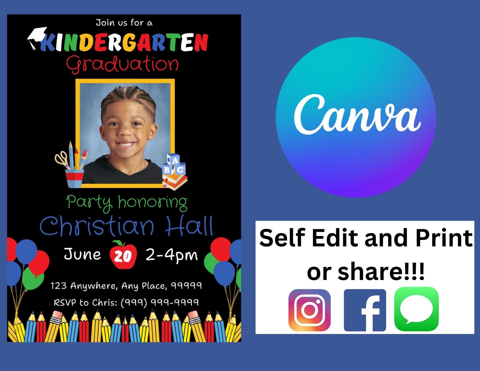 Editable Kindergarten Graduation Invitation - Grad Party Digital Invite ...