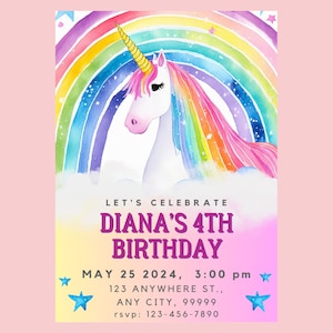 Magical Unicorn Theme Birthday Party Digital Invitation - Rainbow ...
