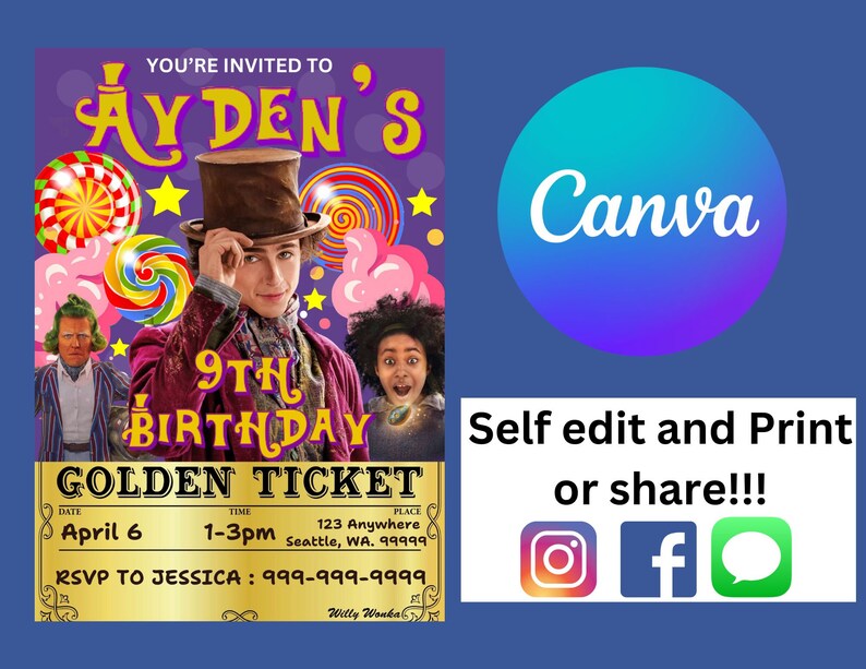 Willy Wonka Theme Party Invitation - Customize Golden Ticket Invite ...