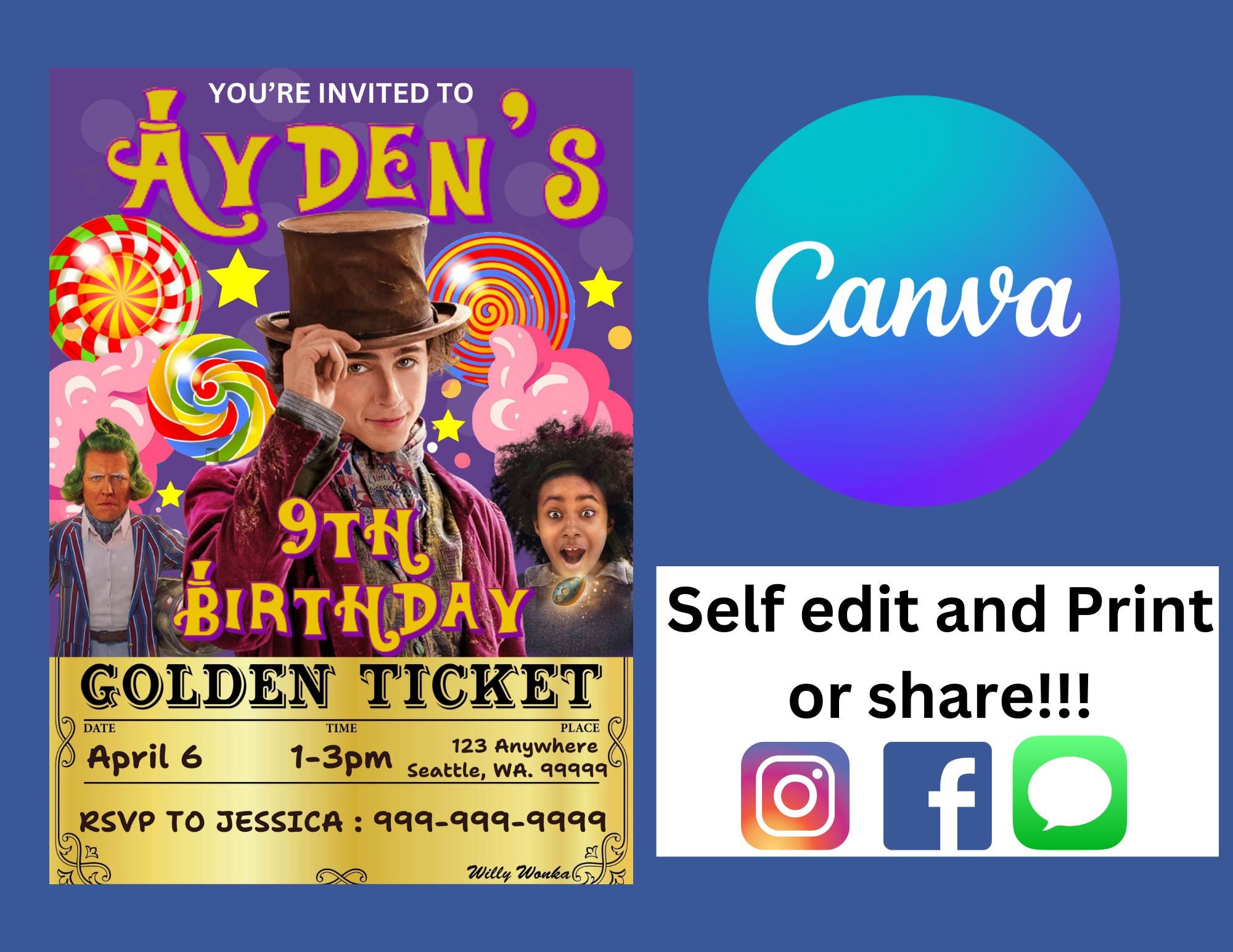 Willy Wonka Theme Party Invitation - Customize Golden Ticket Invite ...