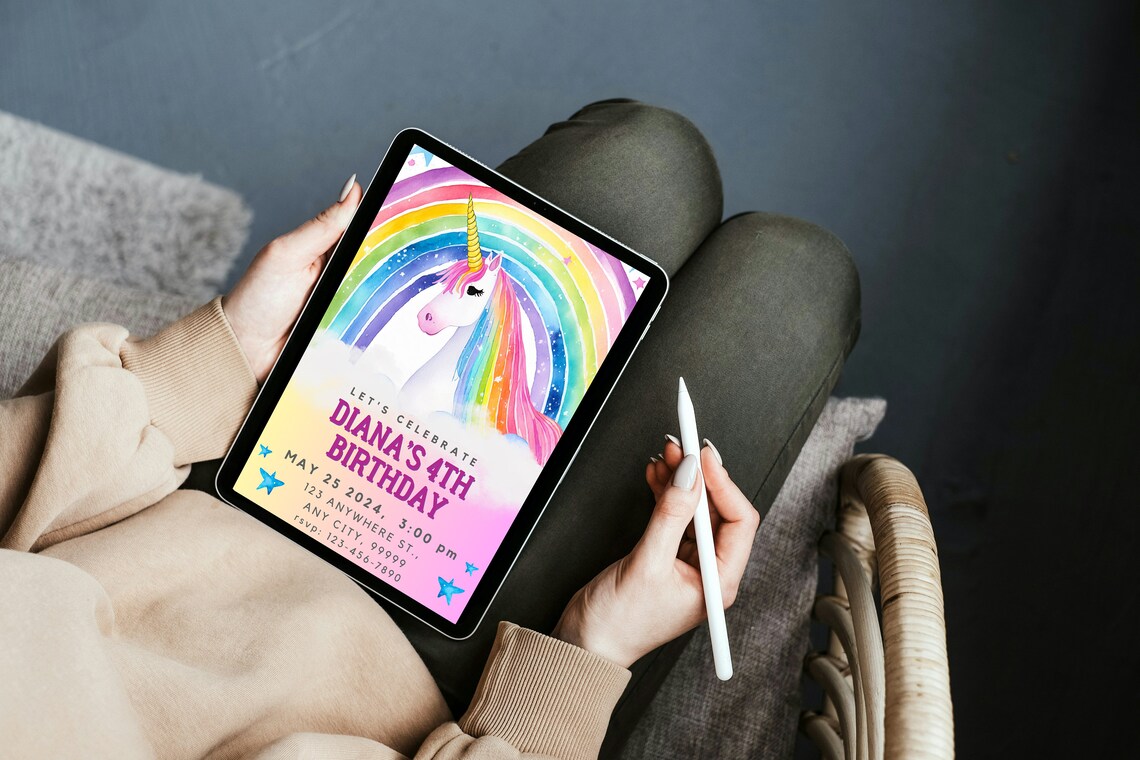 Magical Unicorn Theme Birthday Party Digital Invitation - Rainbow ...