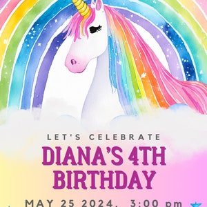 Magical Unicorn Theme Birthday Party Digital Invitation - Rainbow ...
