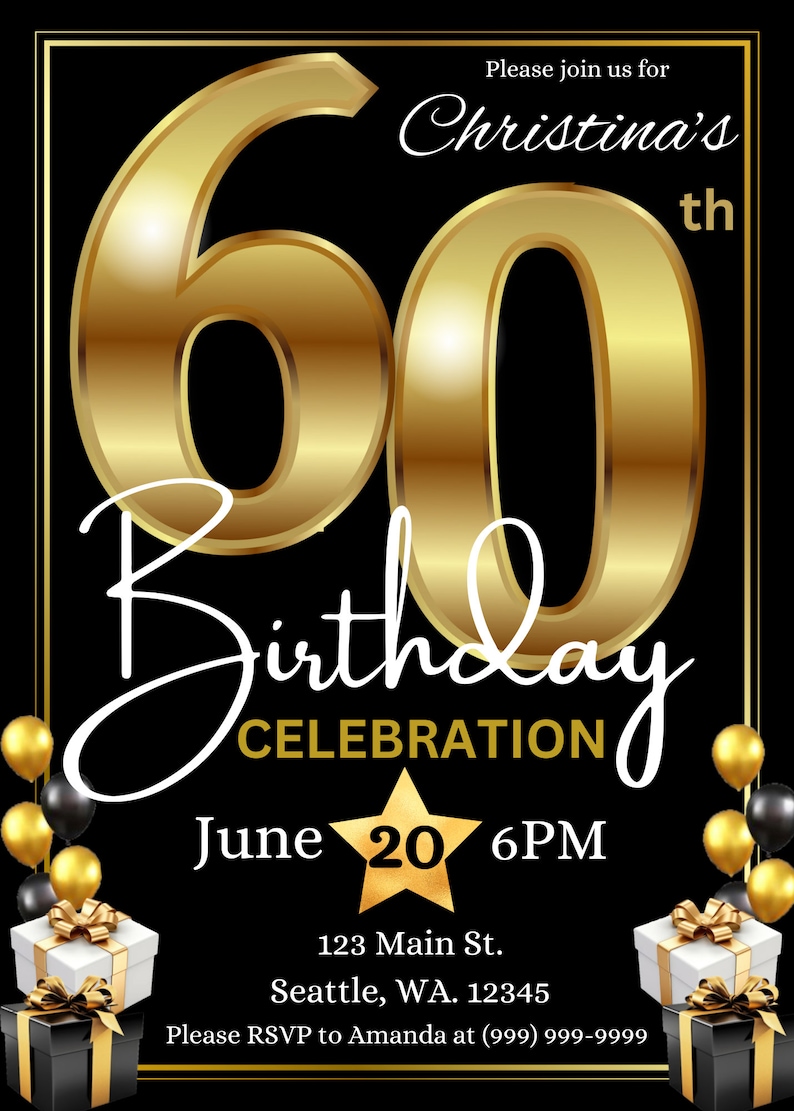 Elegant 60th Birthday Digital Invitations-photo Upload Option-stylish ...