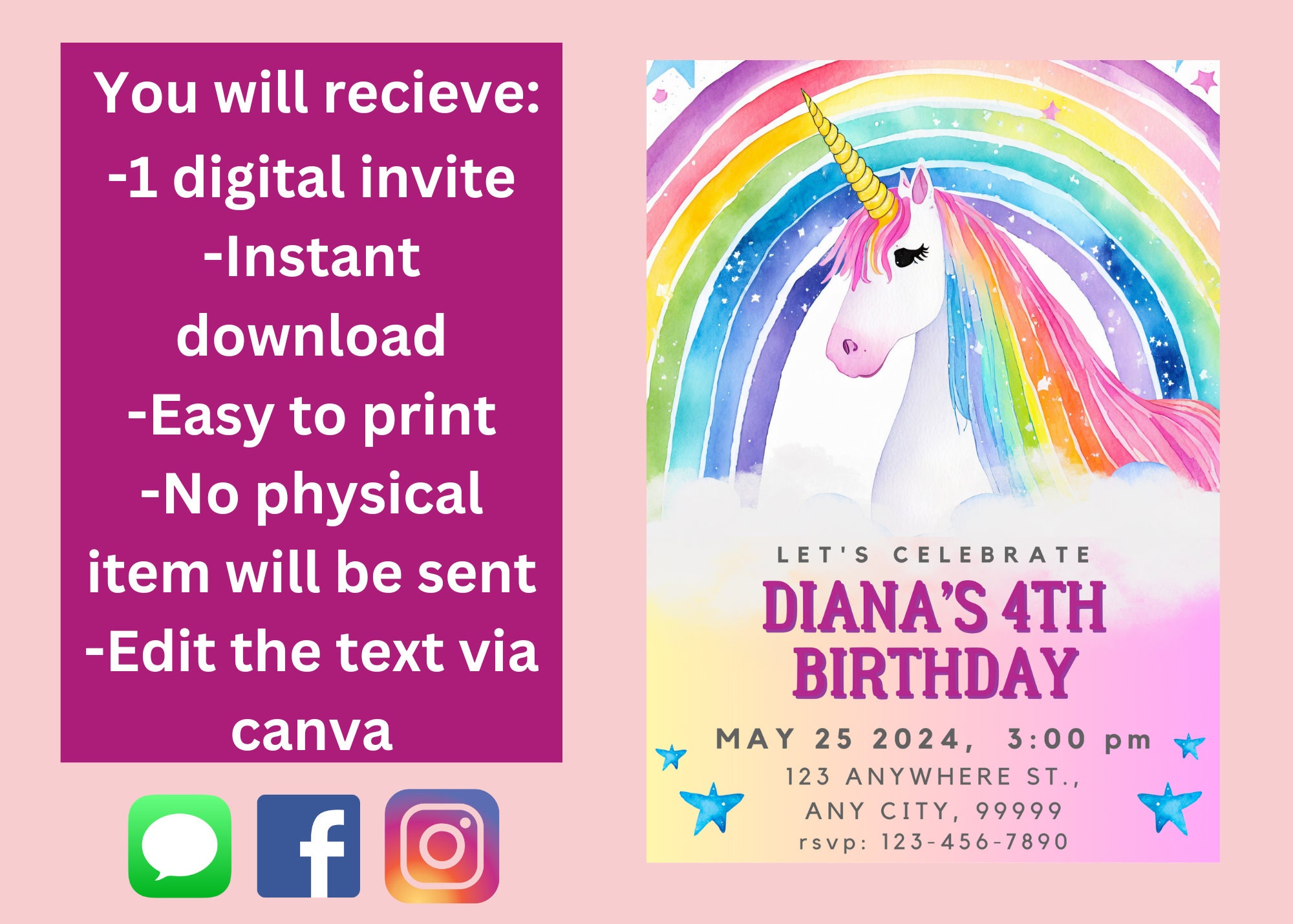 Magical Unicorn Theme Birthday Party Digital Invitation - Rainbow ...