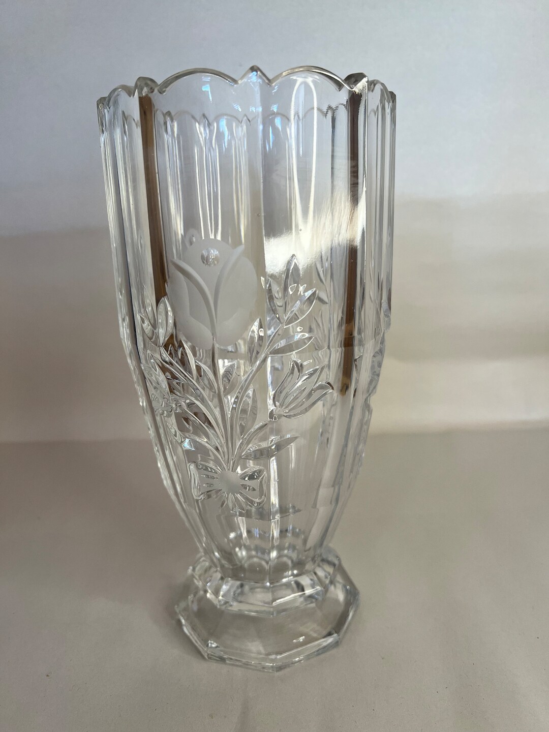 Heavy Vintage Lead Cut Glass Vase With Engraved Flowers 9" High 4 ...