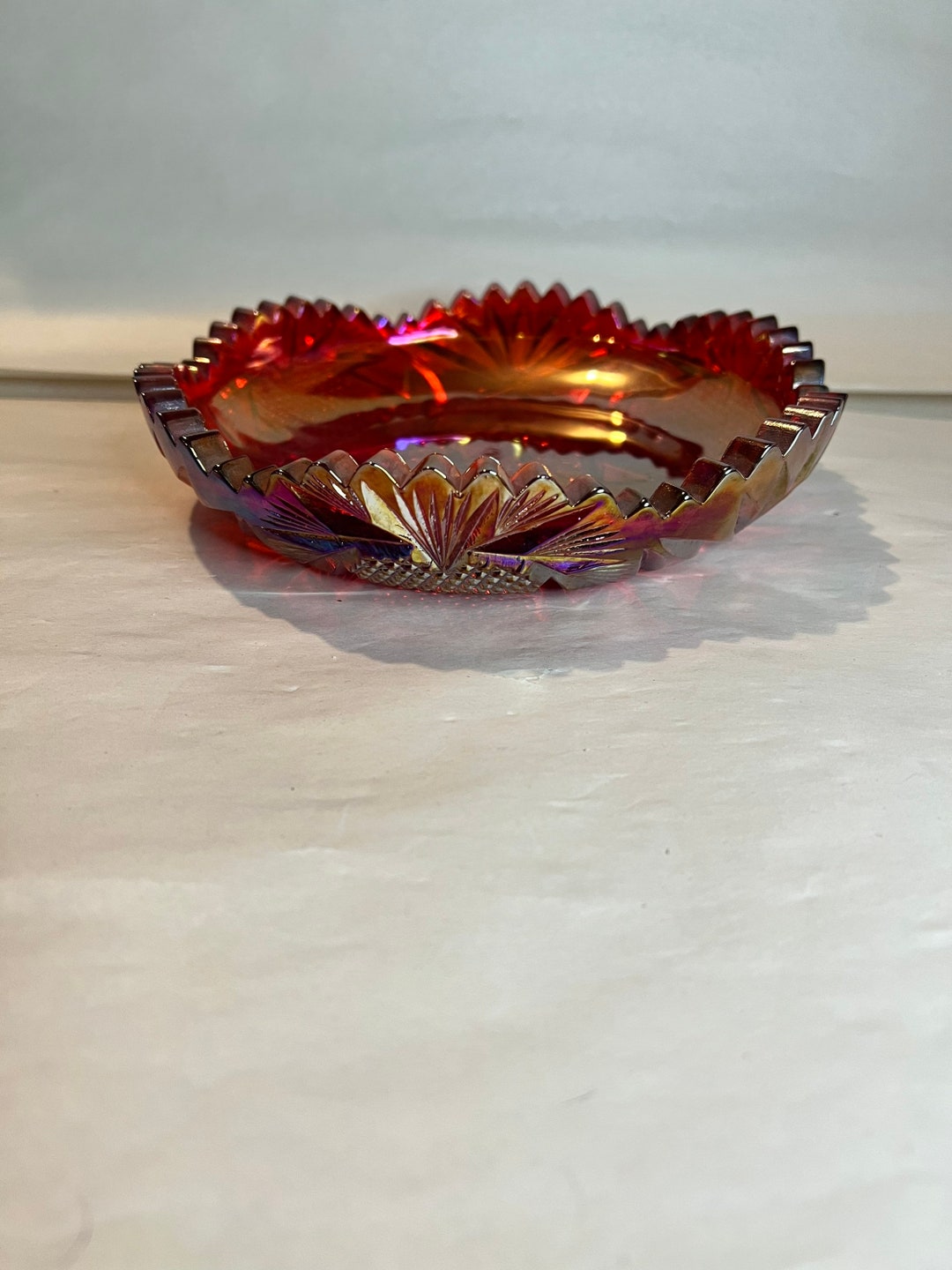 LE Smith Iridescent Cadmium Ruby Red Carnival Sawtooth Glass Bowl - Etsy