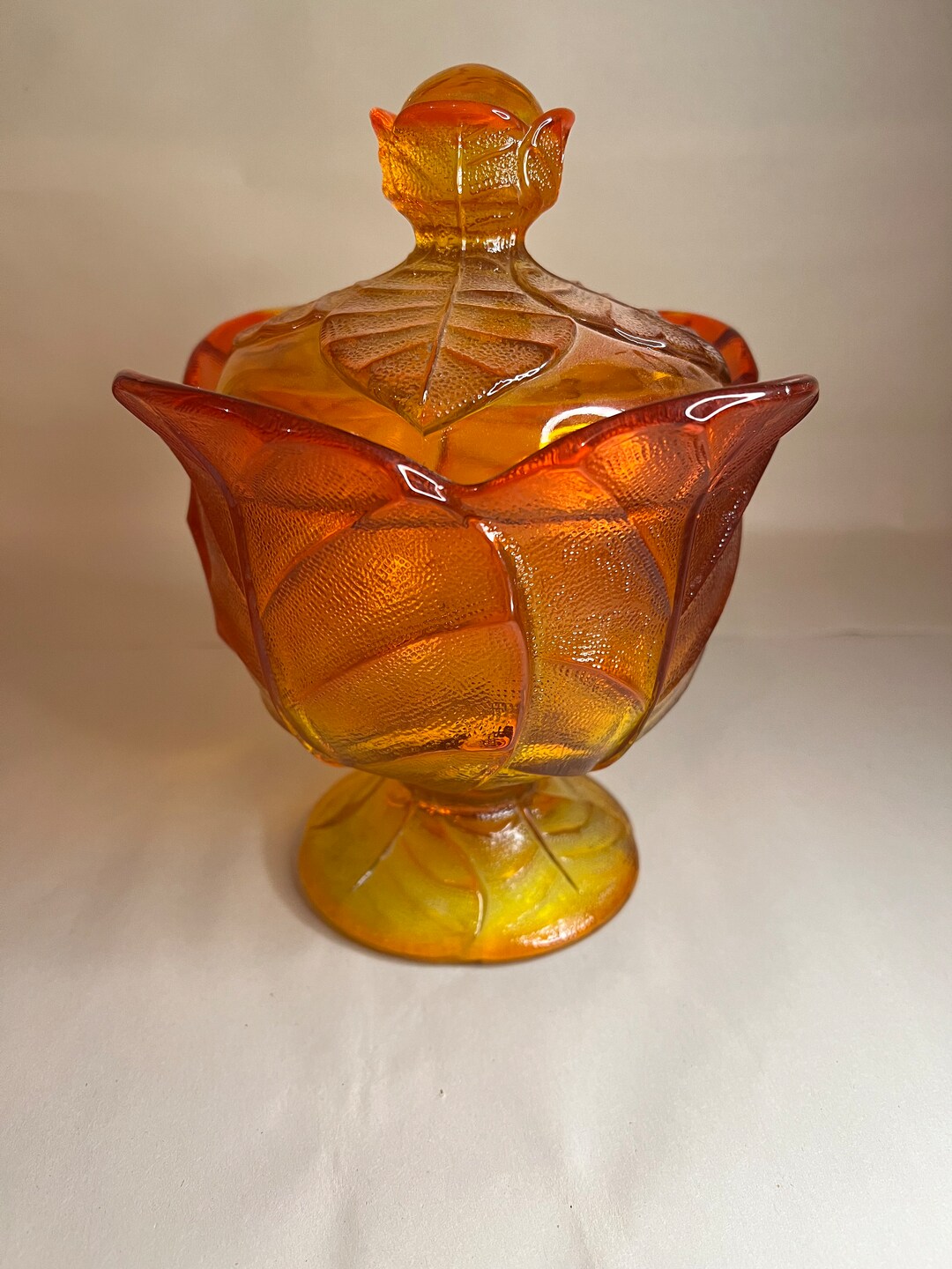 Viking Glass Cabbage Leaf Pedestal Lidded Candy Jar Dish Persimmon 8 ...
