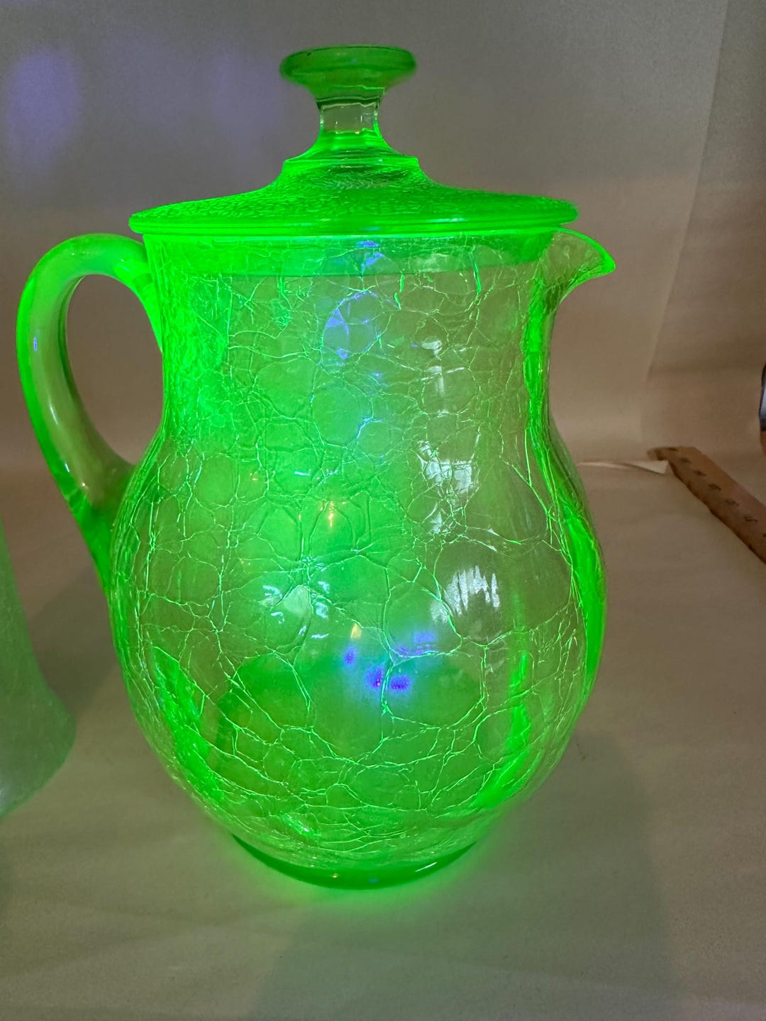 Vintage Fry Uranium Green Depression Crackle Glass Pitcher W 3 Tumblers ...