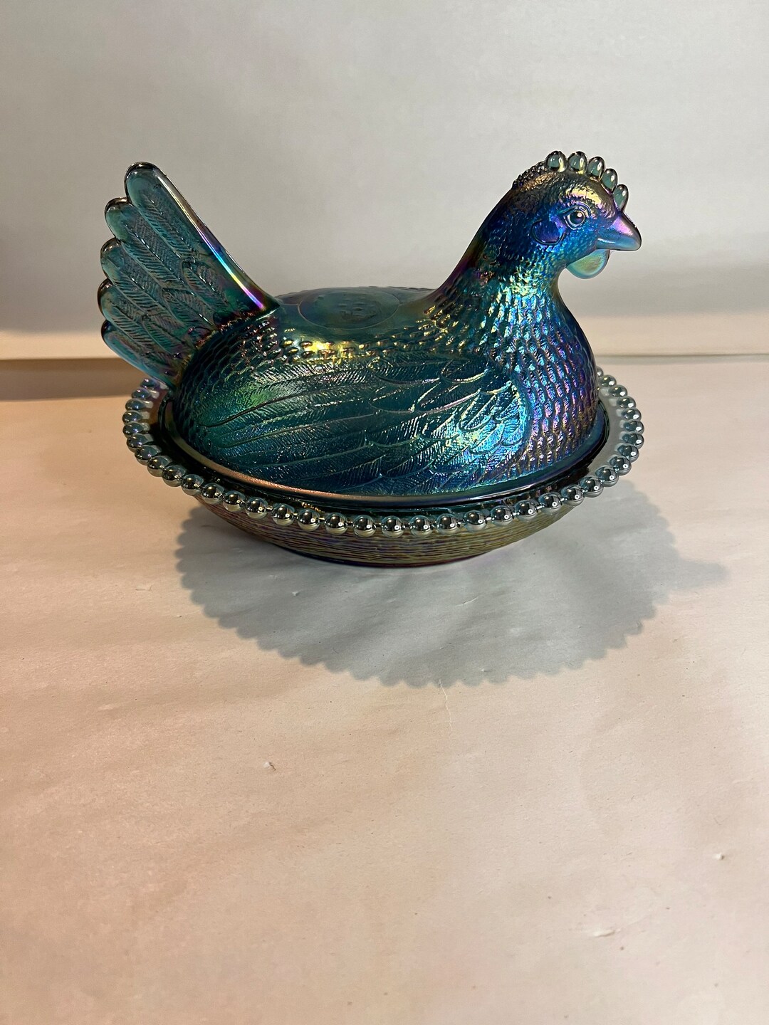 Indiana Glass Hen on Nest Iridescent Blue Chicken Candy Dish Bowl W ...
