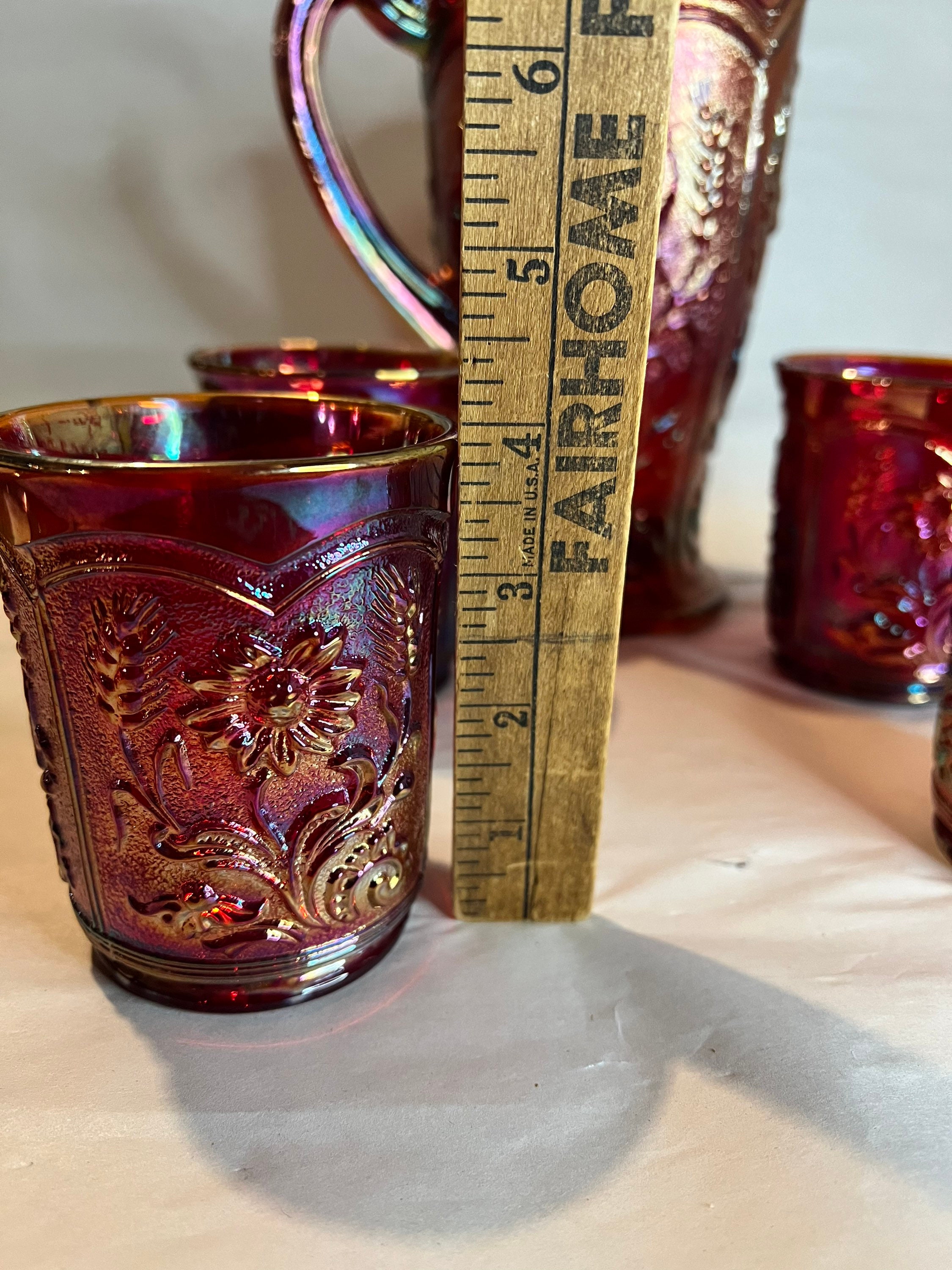 Imperial Glass Ruby Red Carnival Sunset Field Flower Pitcher W 4 ...