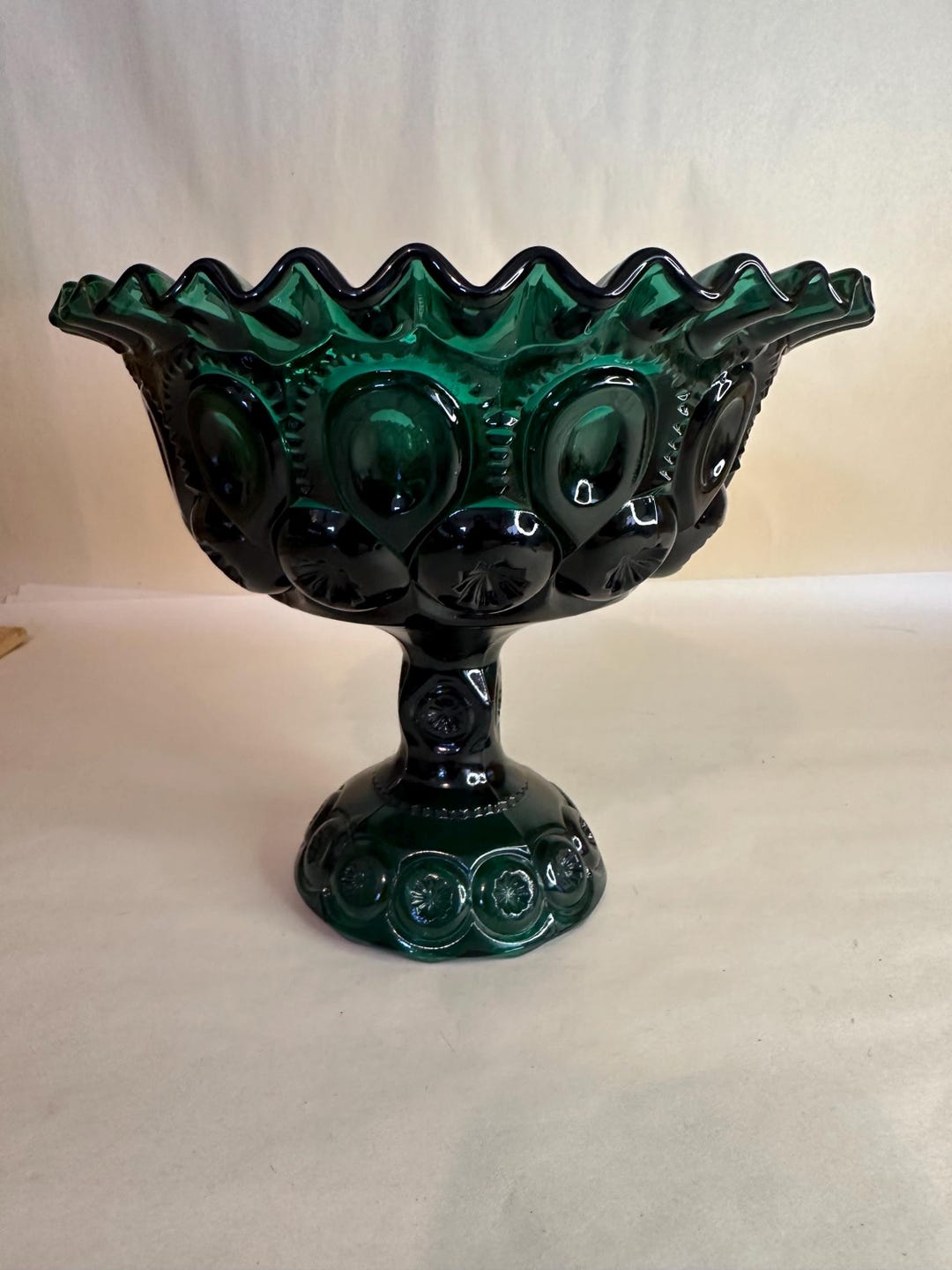 L.E. Smith Moon and Star Greenbrier Green Crimpt Footed Compote Rare ...