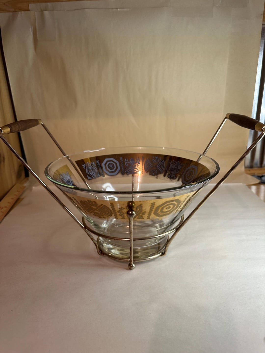 Vintage Pasinski Mid Century Glass Salad Bowl W Metal Server W Wooden ...