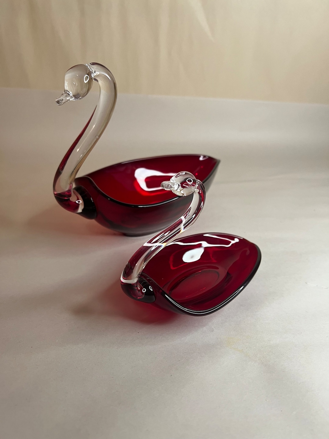 Vintage Duncan Miller Ruby Glass Swans - Etsy