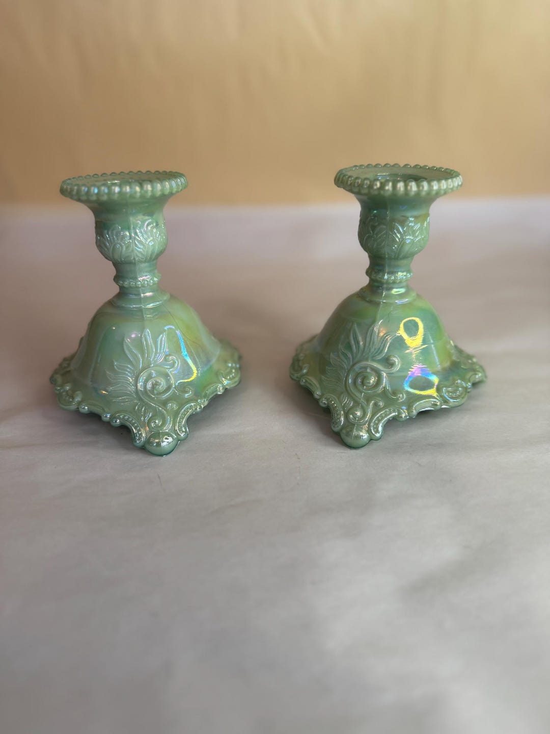 Westmoreland Jadeite Carnival Scroll and Lace Pair of Candlestick ...