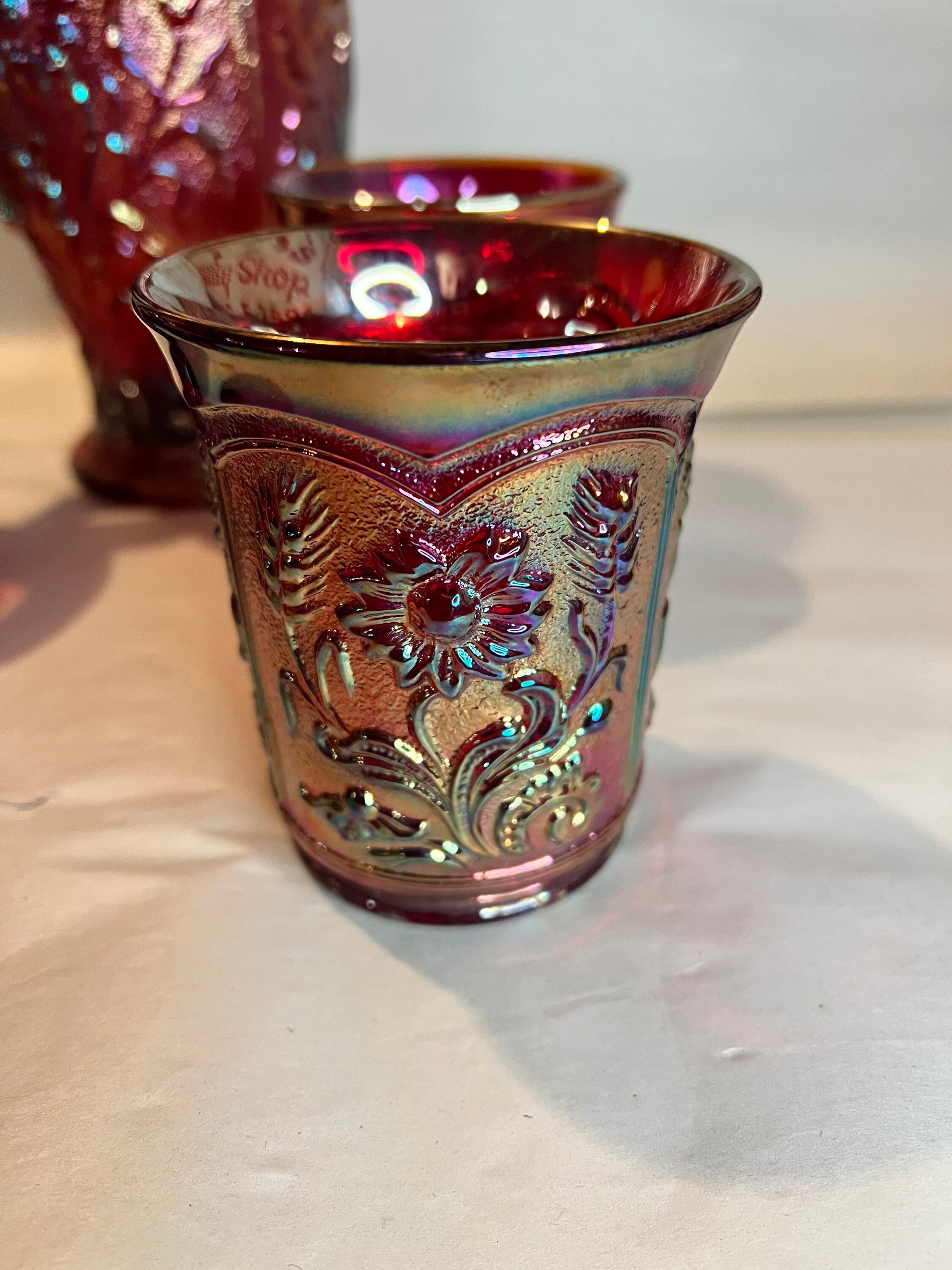 Imperial Glass Ruby Red Carnival Sunset Field Flower Pitcher W 4 ...