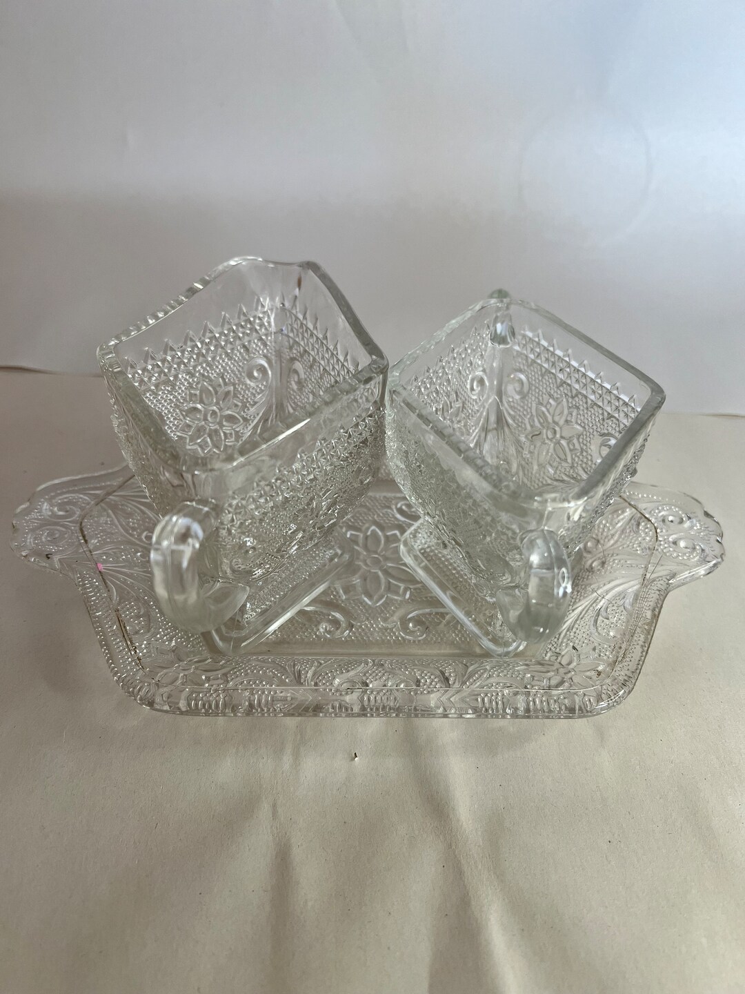Depression Sandwich Glass Cream and Sugar Set W Underplate - Etsy