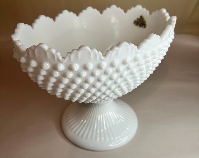 Vintage Fenton Milk Glass Hobnail Oval Pedestal Fruit Bowl W Original ...