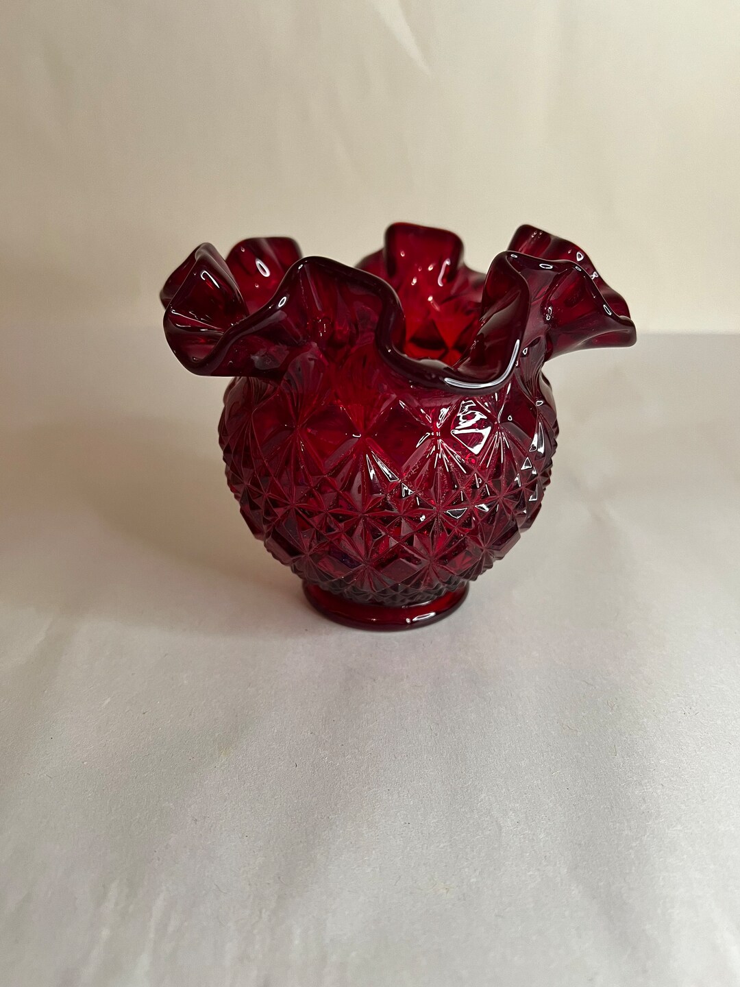Vintage Fenton Ruby Red Diamond Star Pattern Ruffled Vase - Etsy