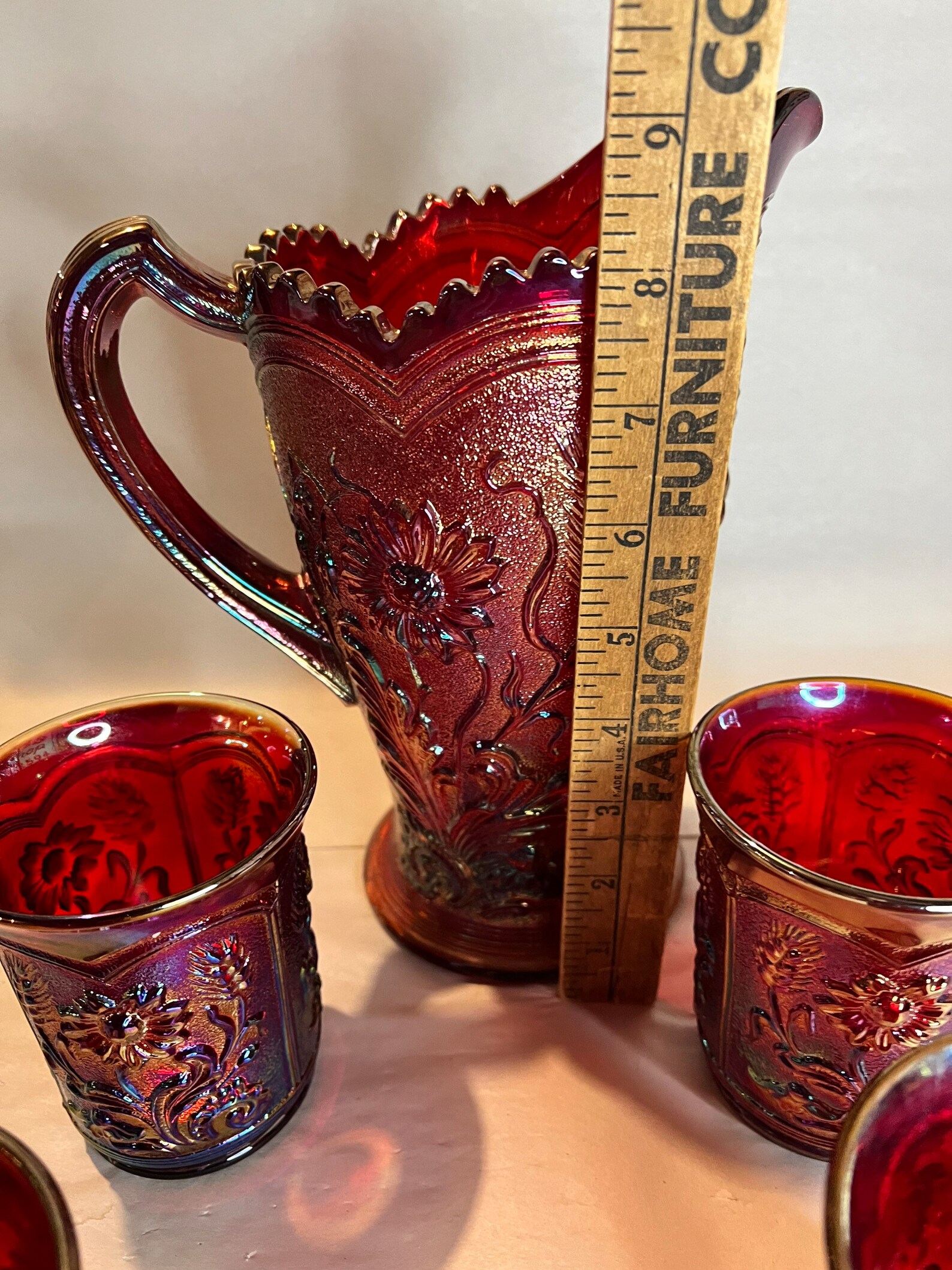 Imperial Glass Ruby Red Carnival Sunset Field Flower Pitcher W 4 ...
