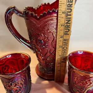 Imperial Glass Ruby Red Carnival Sunset Field Flower Pitcher W 4 ...