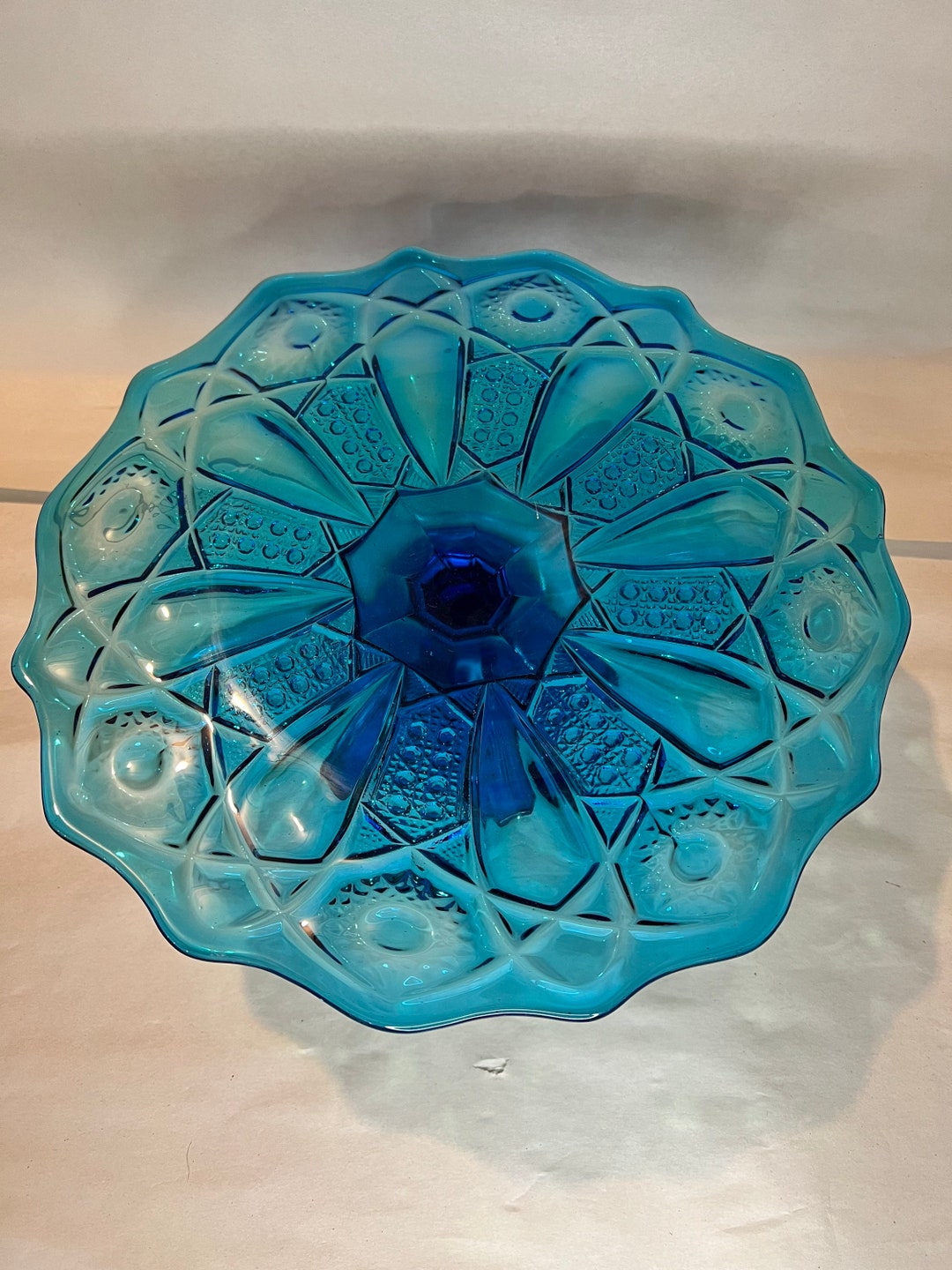 1960s Kemple Quintec Pattern Round Blue Aqua Embossed Glass Cake Stand ...
