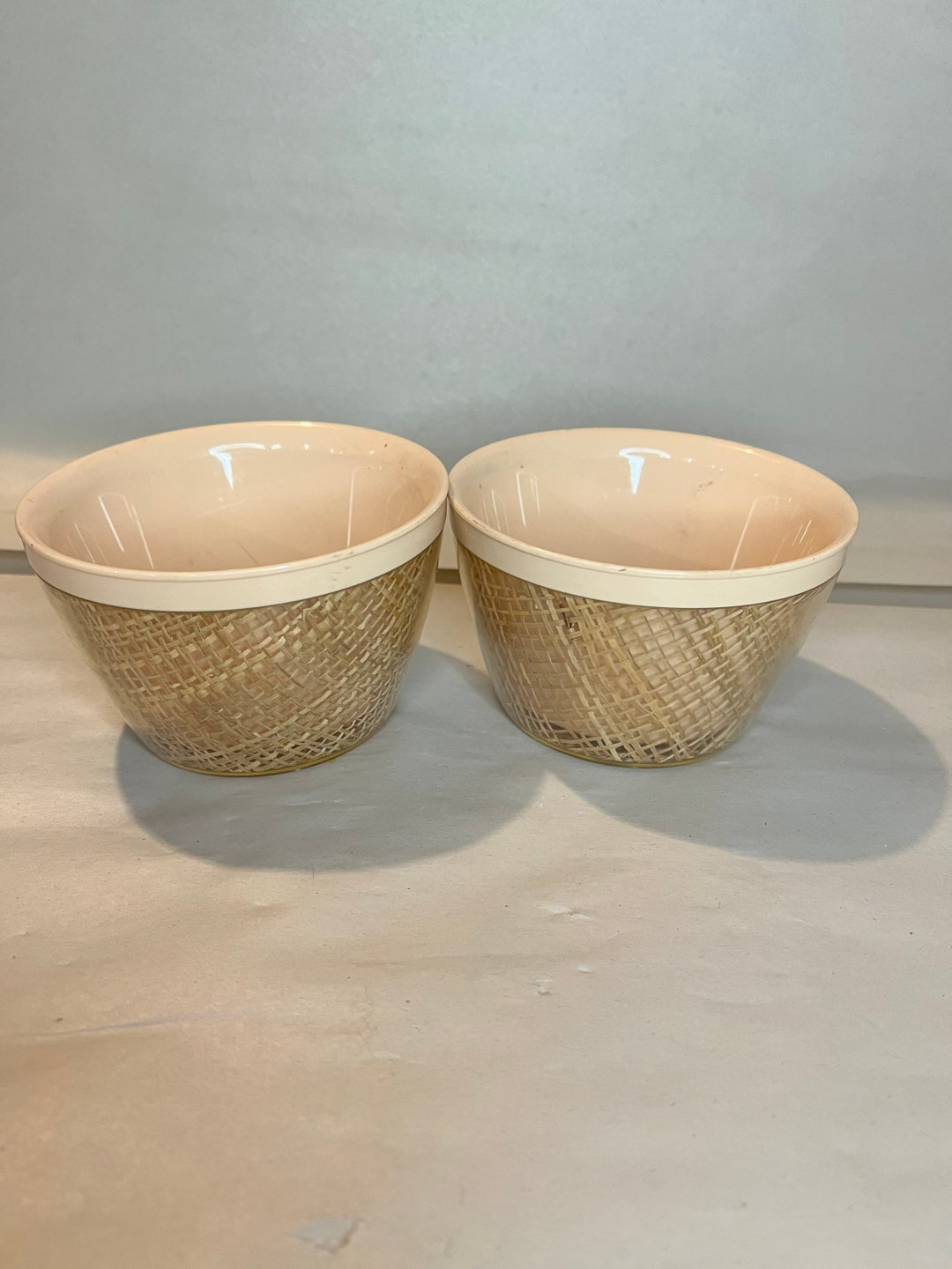 Set of 2 Vintage Mid Century Raffia Ware Cereal Soup Bowls Burlap Straw ...