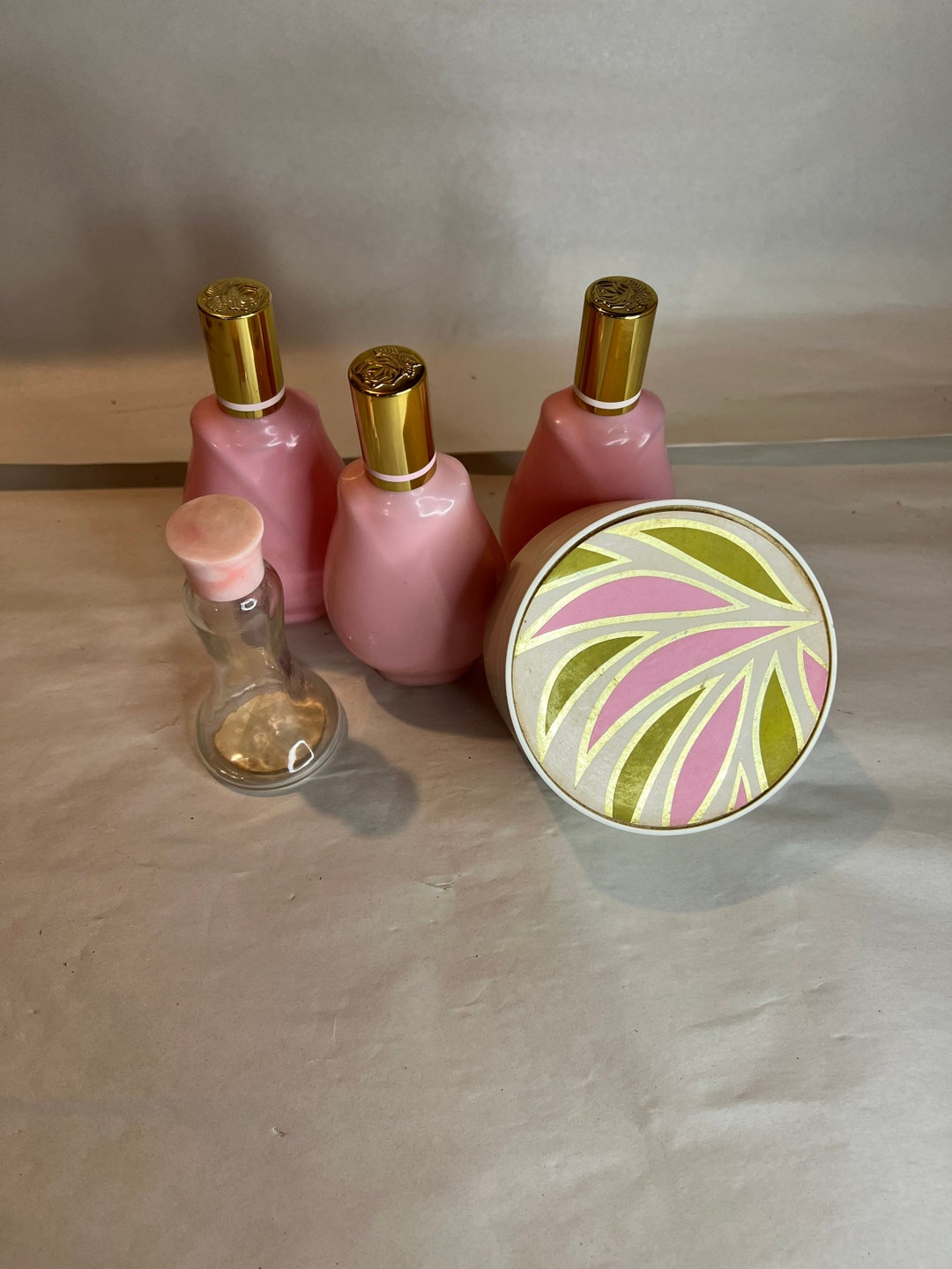 Vintage Pink Bathroom Perfume Bottles and Powder Box - Etsy