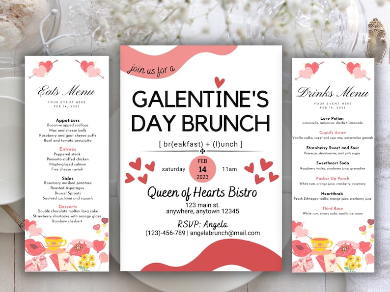 Galentine Invitation and Menu Template Bundle Red White, Valentines ...