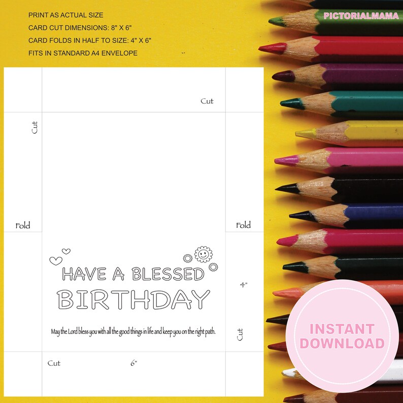 PRINTABLE Happy Birthday Coloring Card, Blessed Birthday Card, Birthday ...