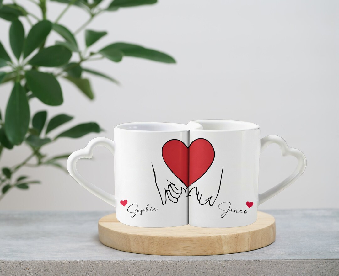Couple Mug Set Custom Name Mug Heart Handle Coffee Cup Personalized ...