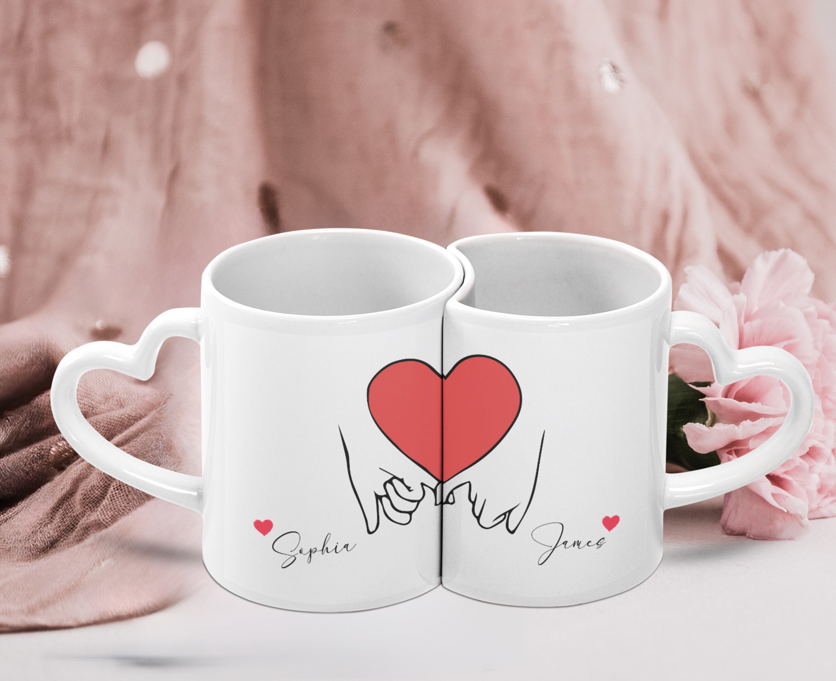 Couple Mug Set Custom Name Mug Heart Handle Coffee Cup Personalized ...