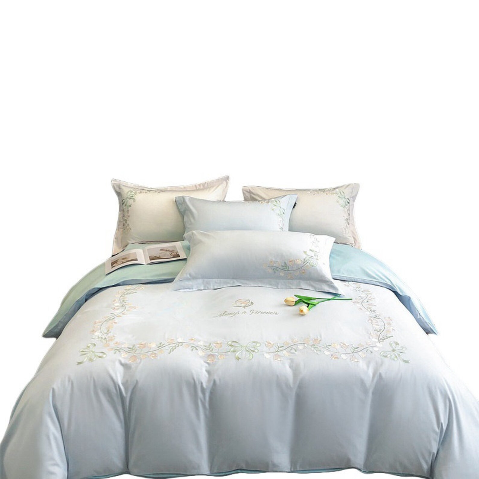 Cotton Duvet Cover Set Queen Elegant Flower Embroidery Floral Bedding ...