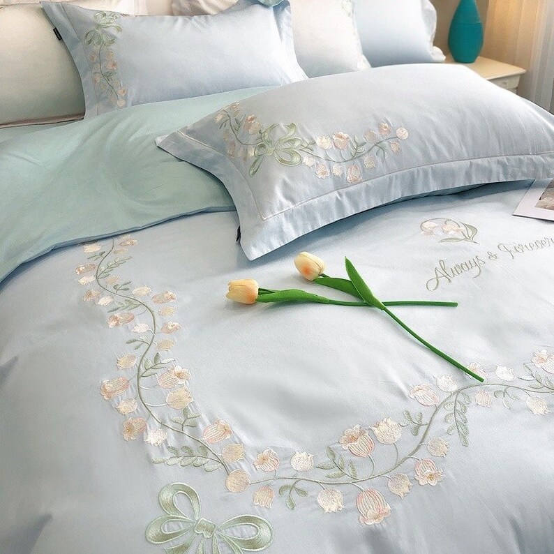 Cotton Duvet Cover Set Queen Elegant Flower Embroidery Floral Bedding ...