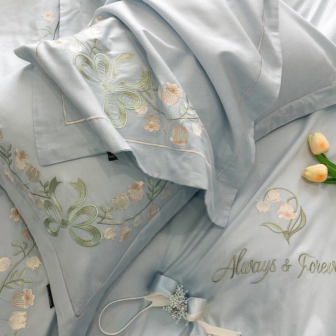 Cotton Duvet Cover Set Queen Elegant Flower Embroidery Floral Bedding ...