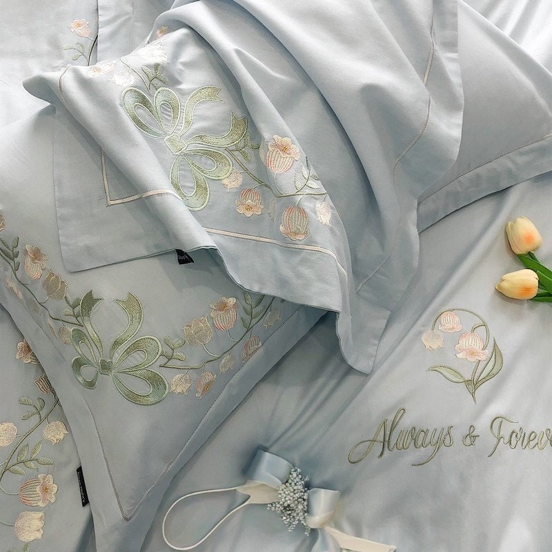 Cotton Duvet Cover Set Queen Elegant Flower Embroidery Floral Bedding ...