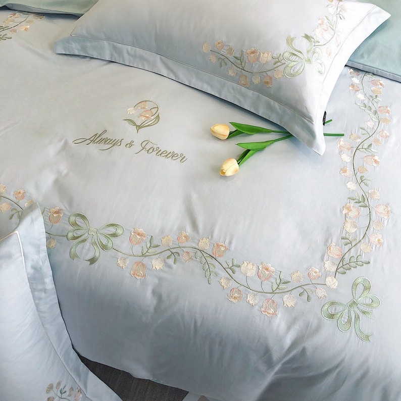 Cotton Duvet Cover Set Queen Elegant Flower Embroidery Floral Bedding ...