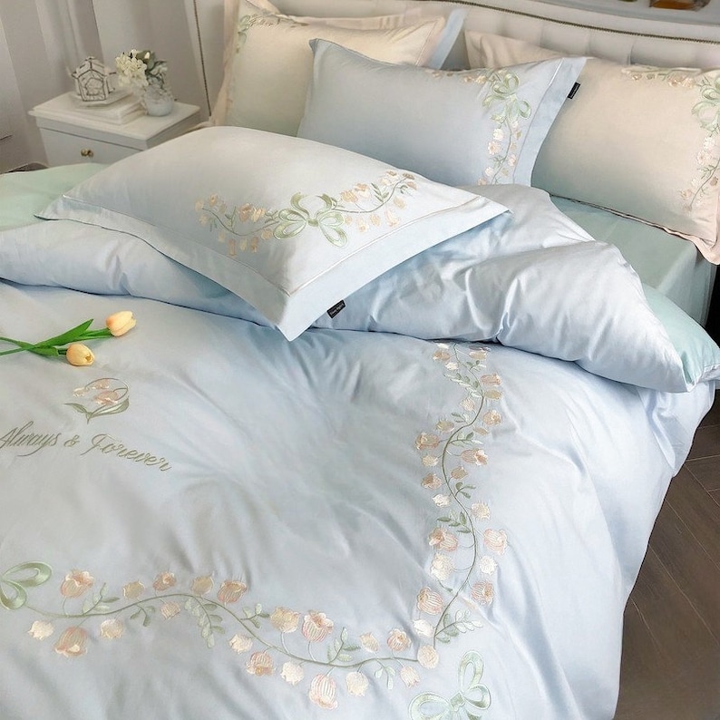 Cotton Duvet Cover Set Queen Elegant Flower Embroidery Floral Bedding ...