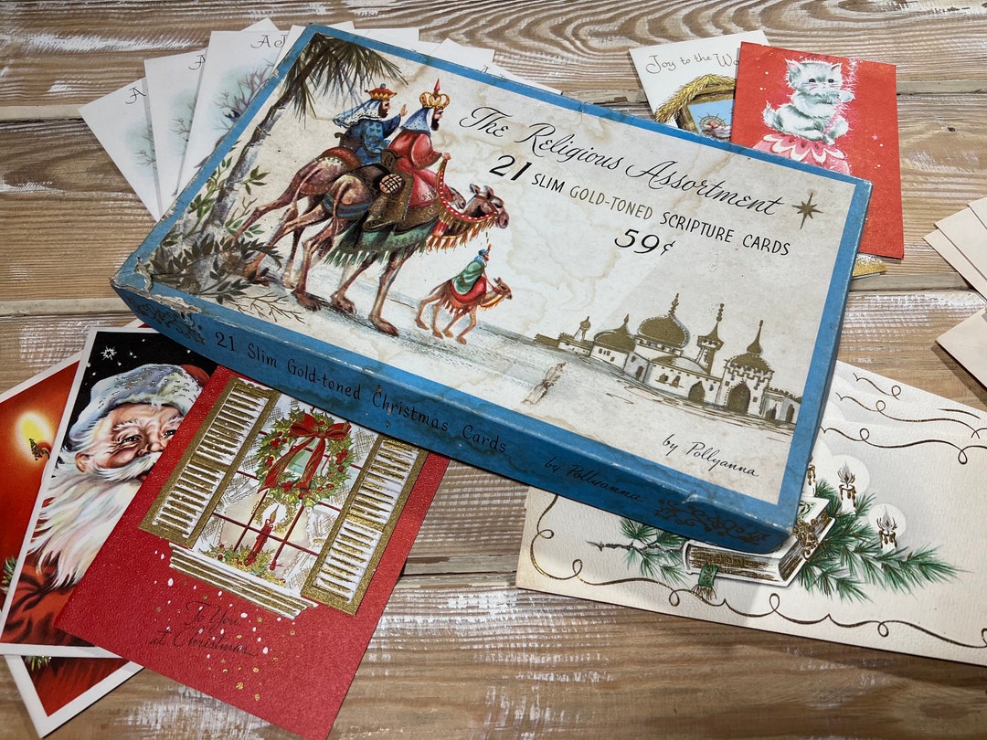 Vintage Christmas Card Box With 14 Holiday Cards Decor Religious VTG ...