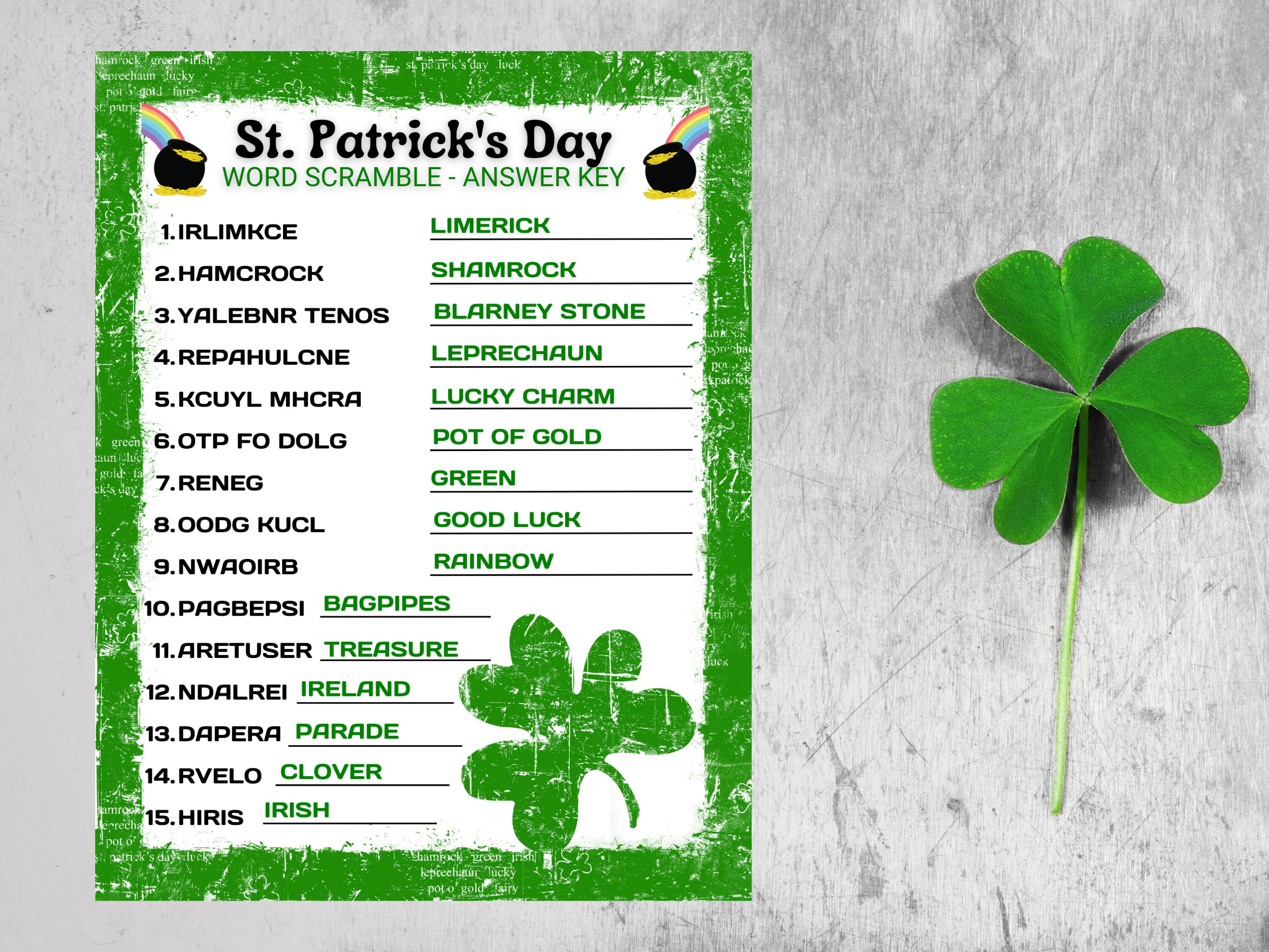 St. Patrick's Day Word Game, Word Scramble Game, Printable St Patricks ...