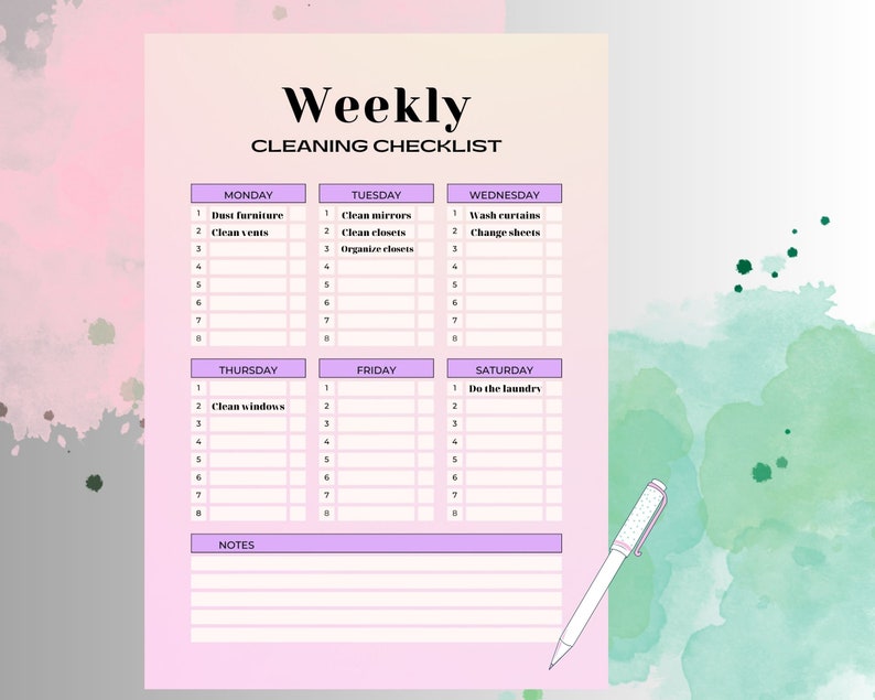 Printable Checklist, Weekly Cleaning Checklist, Colorful Cleaning ...