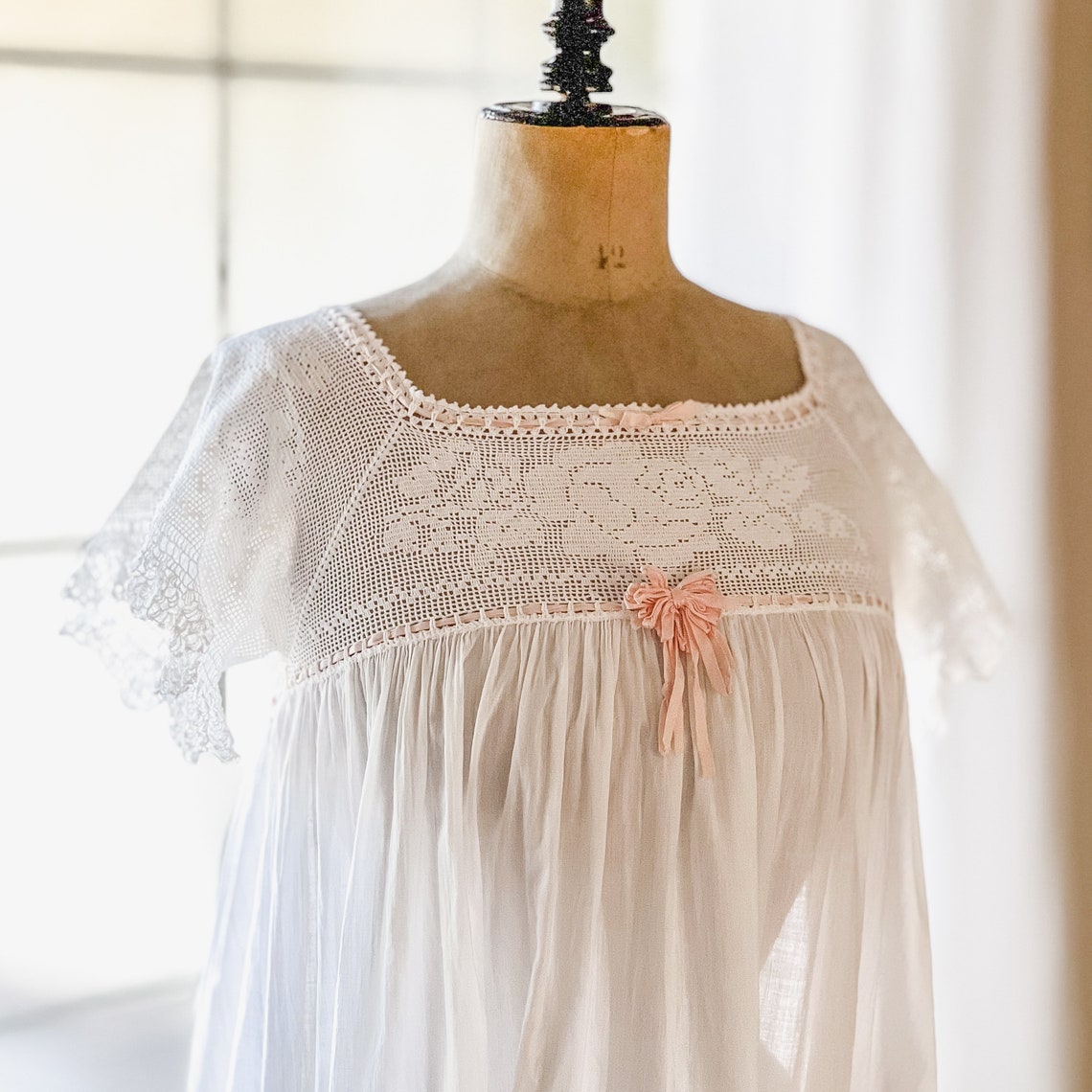 Romantic Edwardian Nightgown With Pink Ribbonwork Flower - Etsy