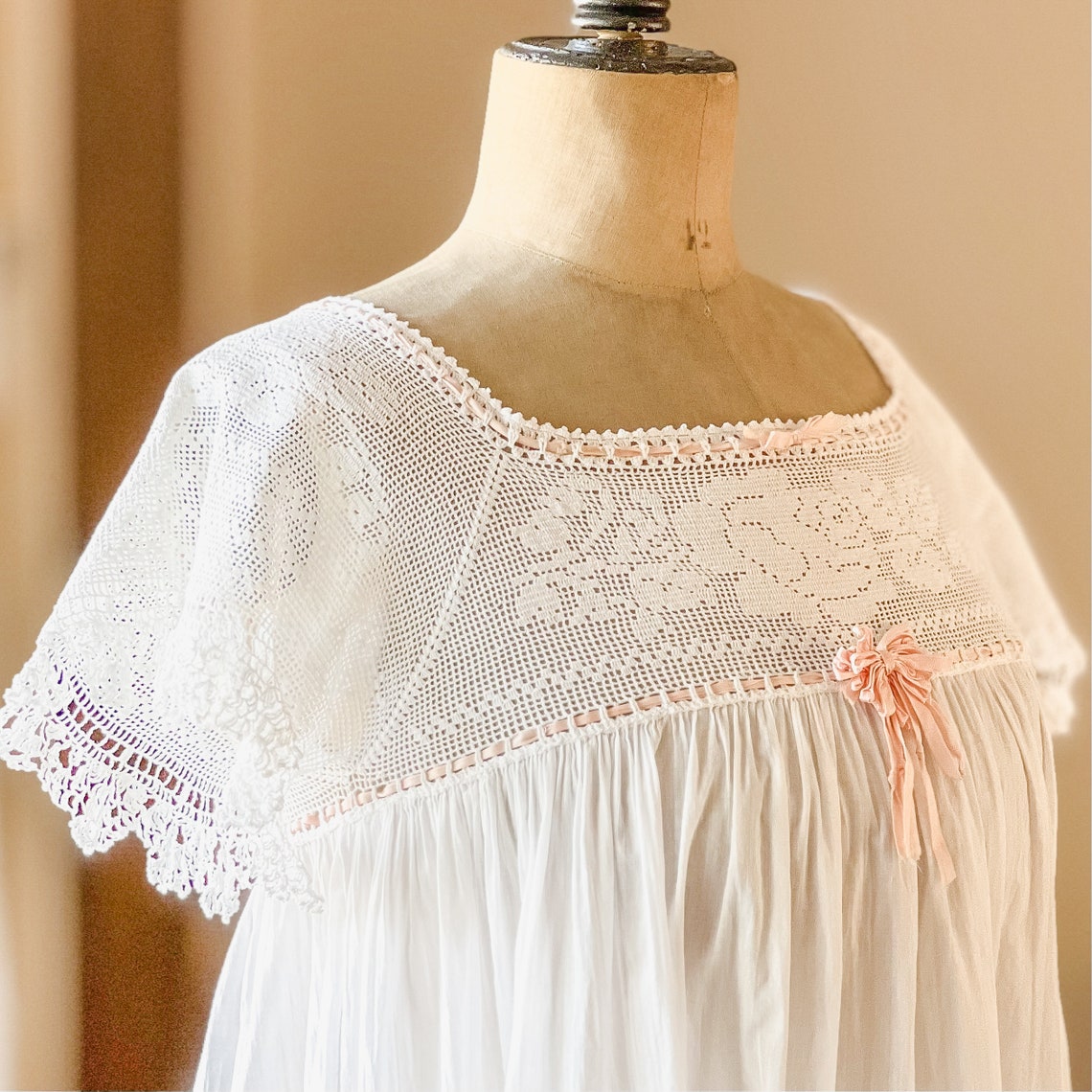 Romantic Edwardian Nightgown With Pink Ribbonwork Flower - Etsy